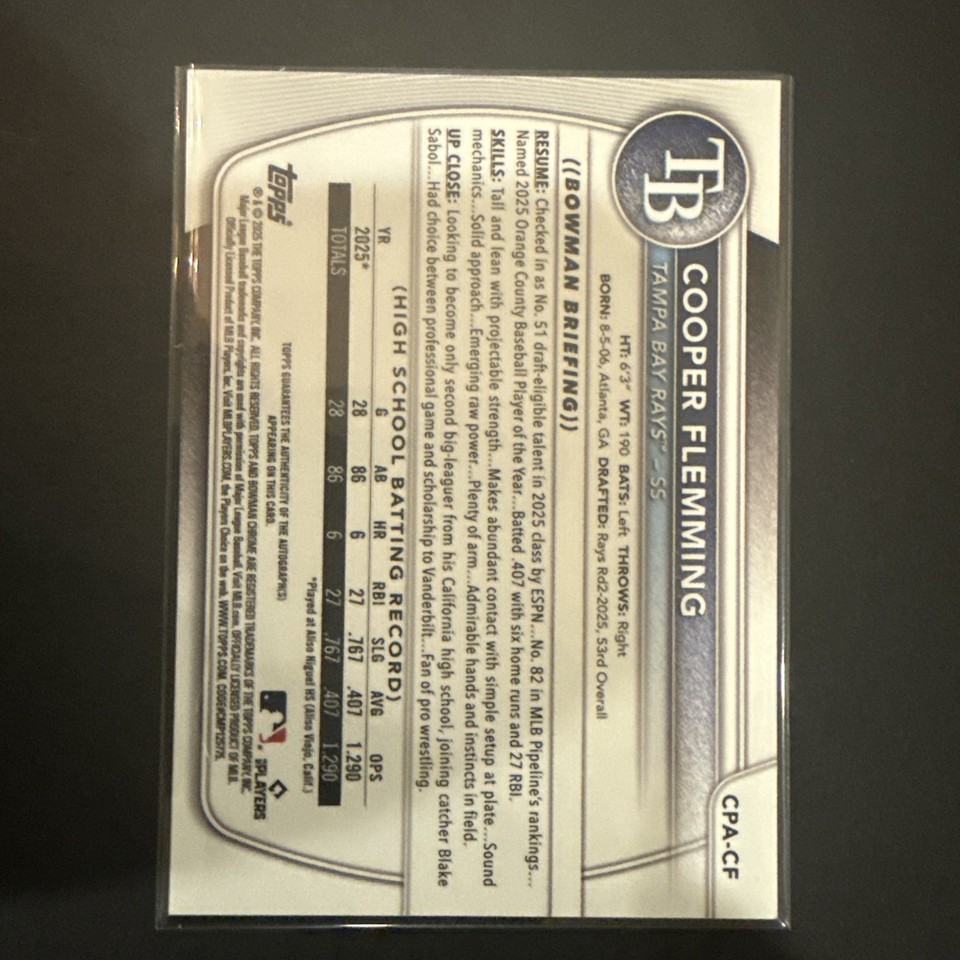 2025 Bowman Draft Cooper Flemming Chrome Auto HTA Choice Refractor /150 ...