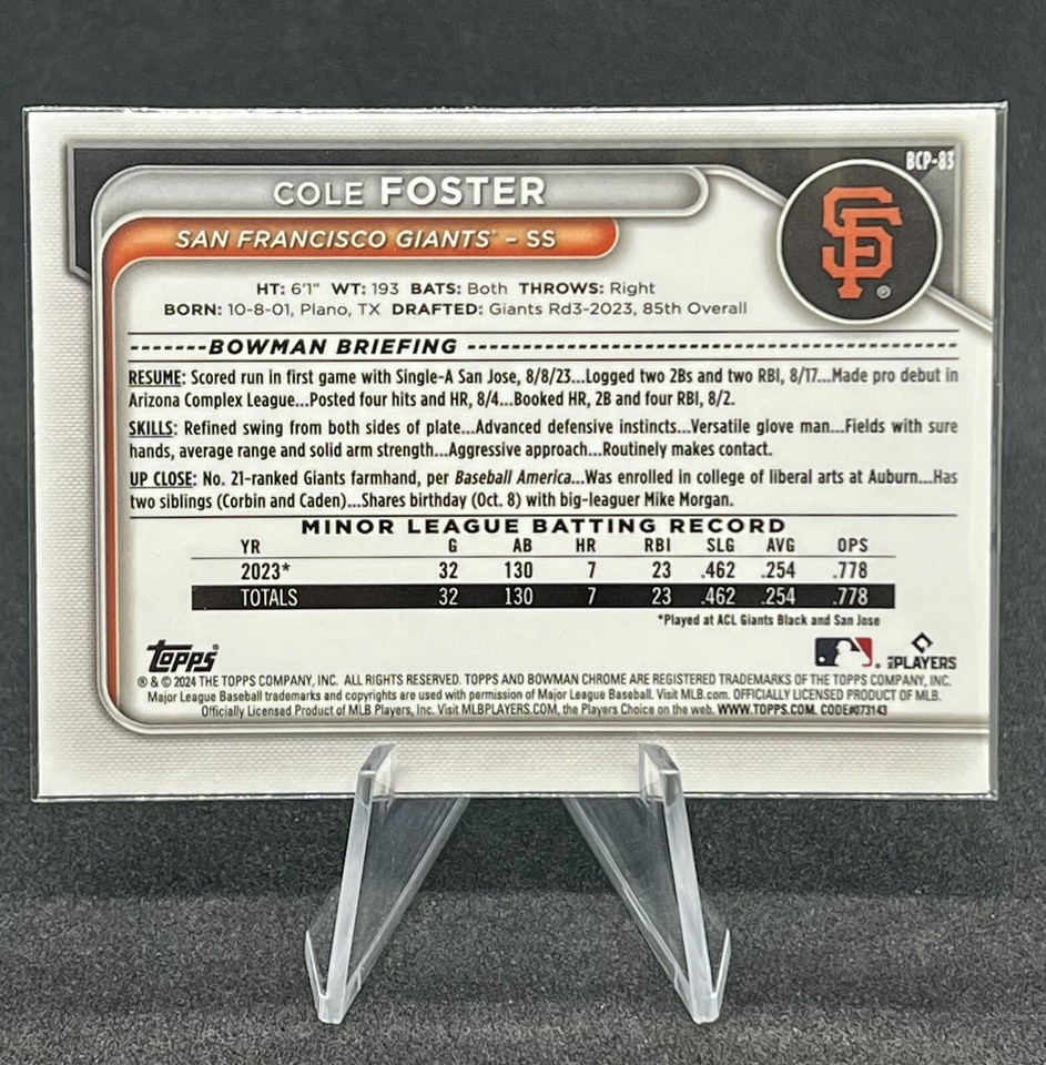 Cole Foster (RC) 2024 Bowman - Chrome Prospects #BCP-83 | eBay