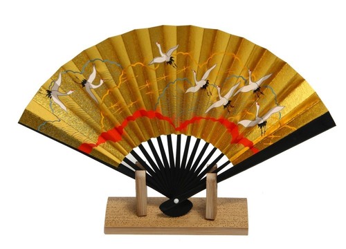 Kyoto Gold Sensu Japanese Hand held Fan Turu Crane Bird Motif made in ...