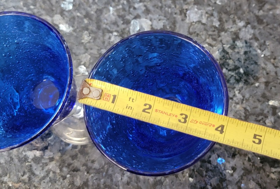 Hand Blown Glass Deep Cobalt Blue Goblets set of 3, Air Bubble Stemware ...