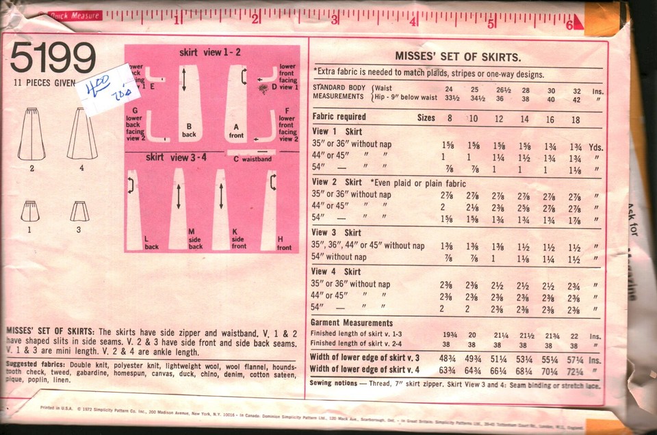 5199 Vintage Simplicity SEWING Pattern Misses Set of Skirts 1970s ...