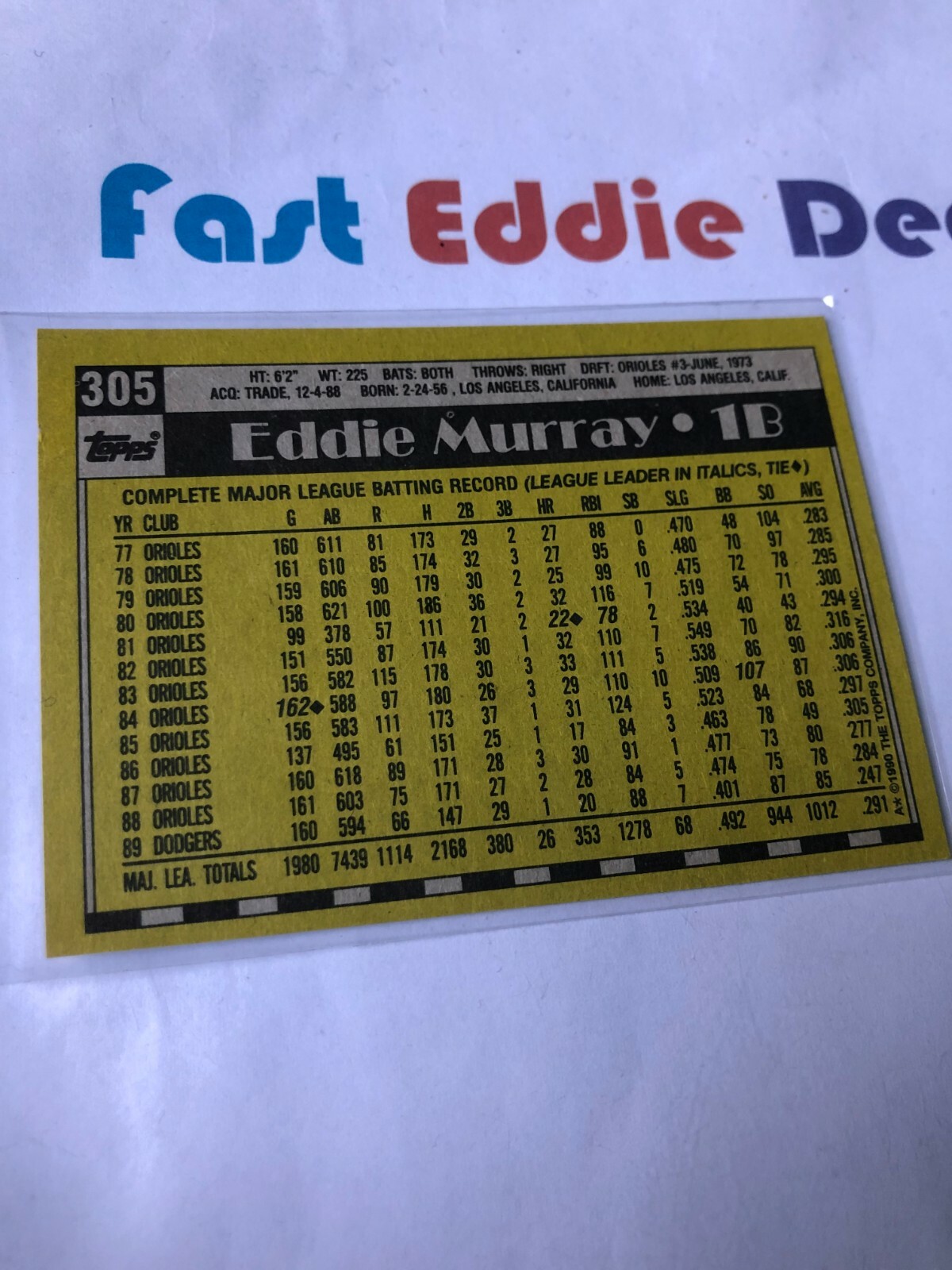 TOPPS 1990 MLB BASEBALL EDDIE MURRAY ERROR CARD 305 BLANK FRONT DODGERS ...