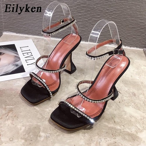 Square Toe Woman Sandals Crystal Diamond PU Leather Ankle Buckle Strap ...