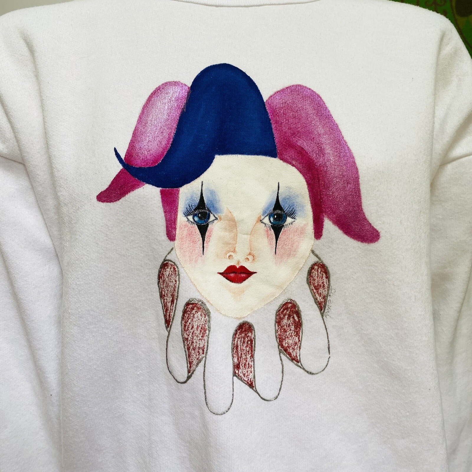 80s Vintage Colourful painted PIERROT clown print win… - Gem