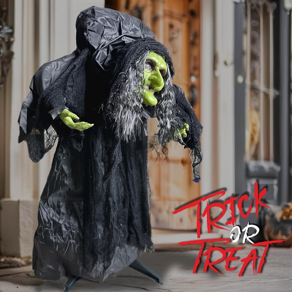 Animated Hunchback Witch with Black Cloak, 36" Spooky Moving Figure ...