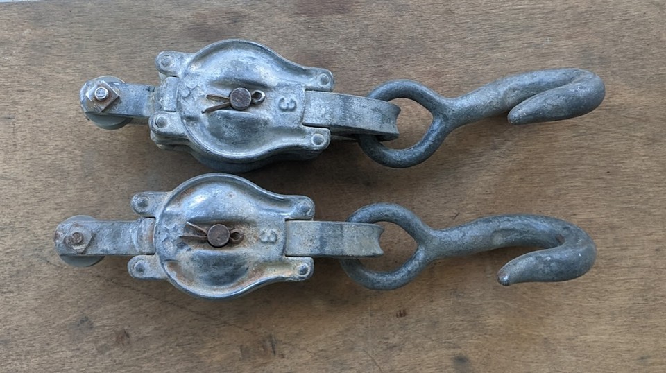 2 Vtg Bell System Lineman's slack block and tackle wire puller | eBay