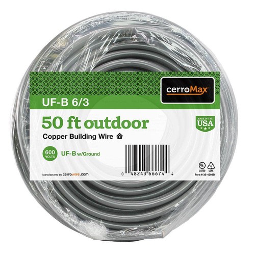 50' 6/3 UF-B Ground Wire Underground Feeder Direct Burial Cable 600V ...