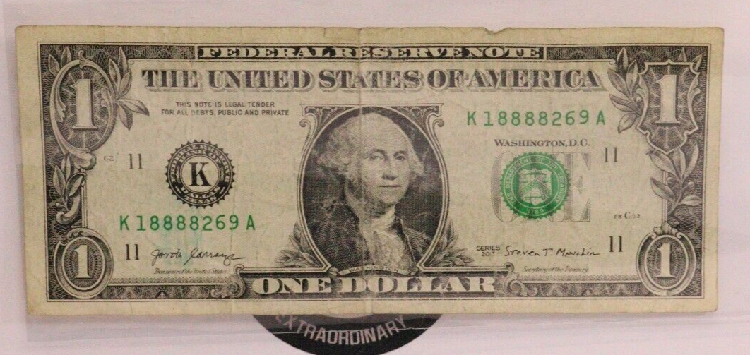 $1 Fancy One Dollar Bill Note QUAD 8's K18888269A Digits Sum 50 Over ...
