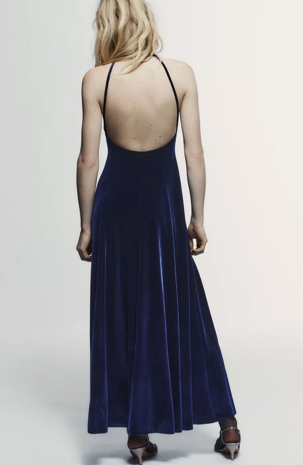 ZARA BACKLESS HIGH NECK LONG MAX DRESS VELVET FINNING SIZE XS NAVY ...