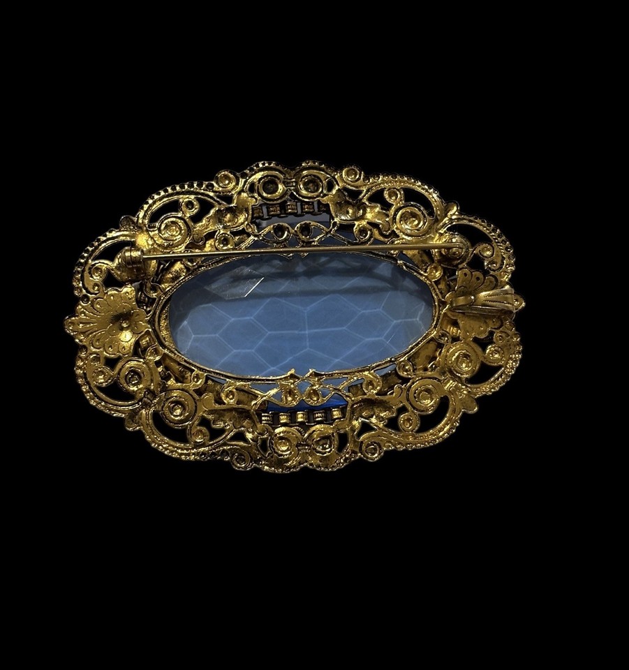 Large Vintage Art Deco Victorian Style Ornate Oval Faceted Blue Glass ...