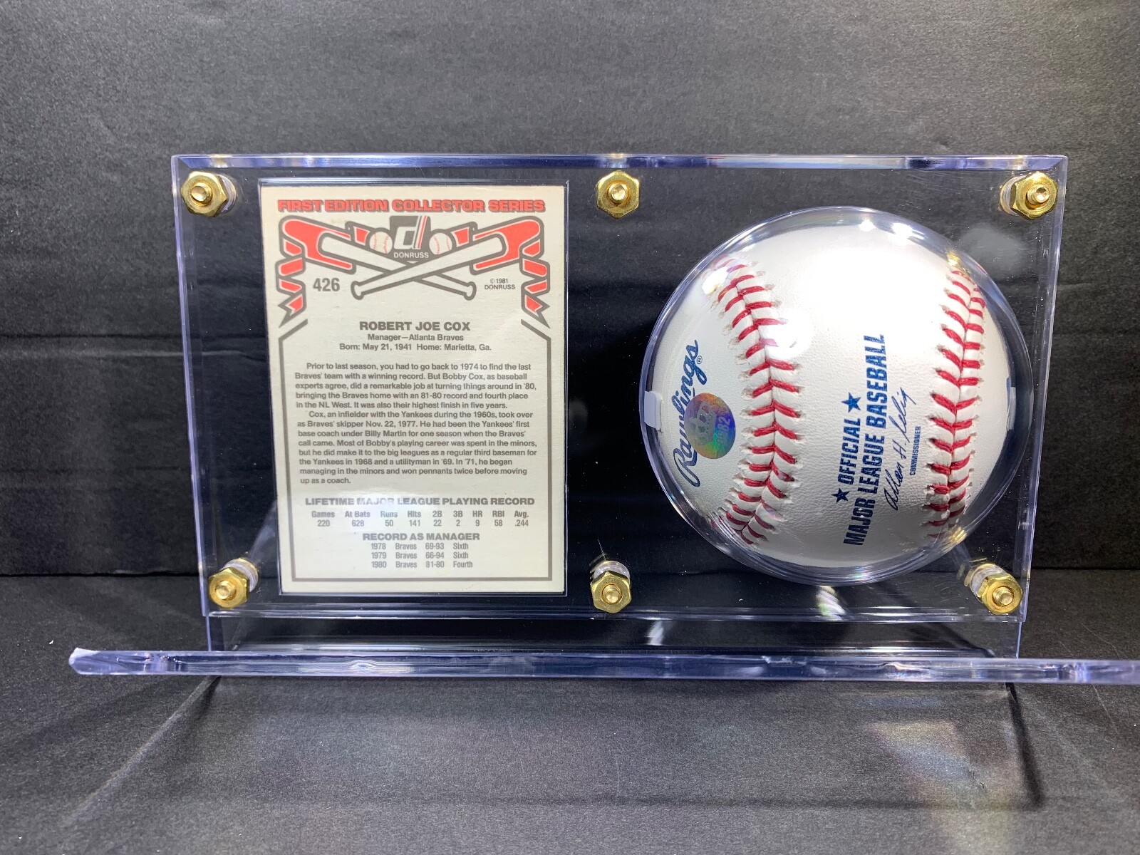 Bobby Cox Autographed Rawlings MLB Baseball & 1981 Donruss Trading Card ...