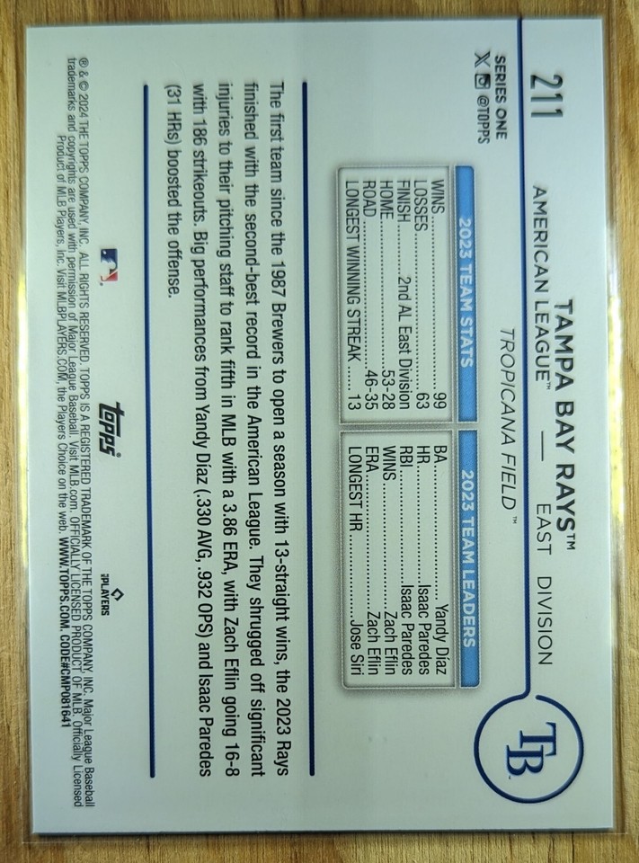 2024 Topps Series 1 Tampa Bay Rays Team Card #211 Easter Holiday Foil ...