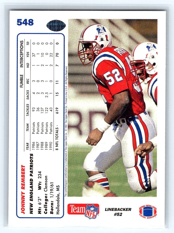 1991 Upper Deck #548 Johnny Rembert Football New England Patriots | eBay