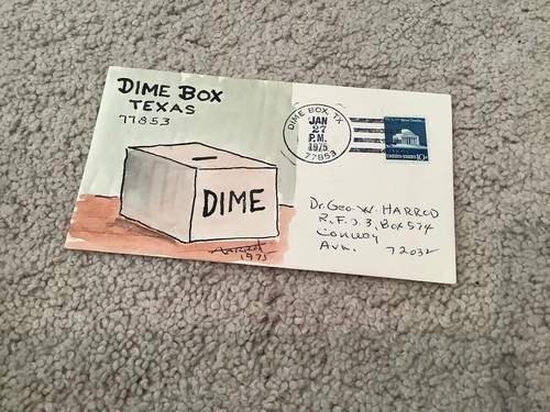 1975 DIME BOX, Texas: Signed FOLK ART WATERCOLOR Postal Cover GEORGE ...