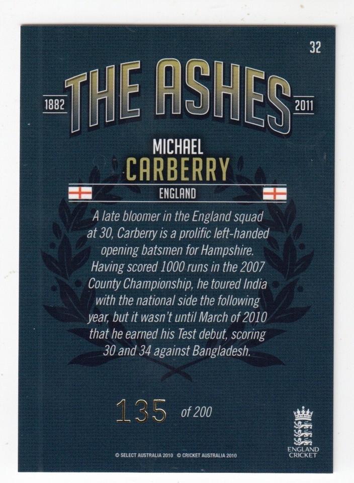 2010-11 Select Cricket Card The Ashes Limited Serial #135/200 MICHAEL ...