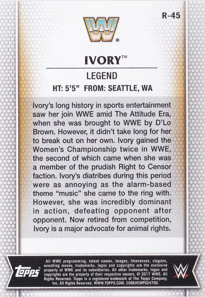 2017 Topps WWE Women's Division IVORY R-45 Base WWF Legend Divas Women ...