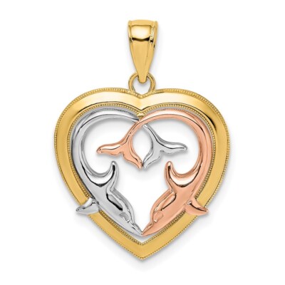 14K Two-Tone w/White Rhodium Dolphins In Heart Frame Charm | eBay