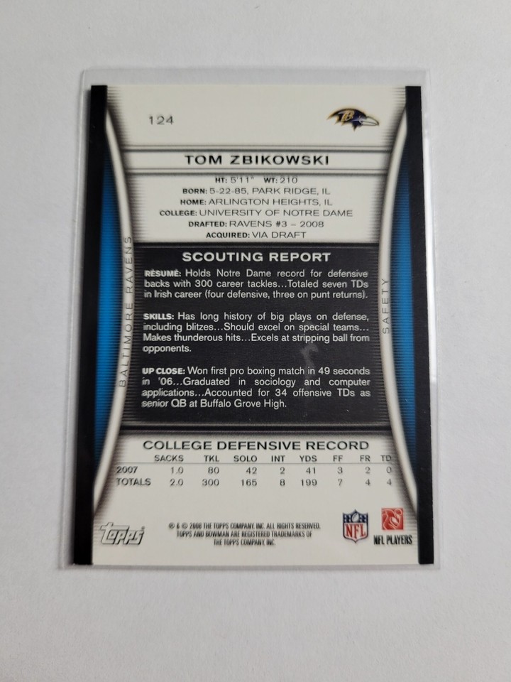 2008 Bowman Football Rookie #124 Tom Zbikowski | eBay