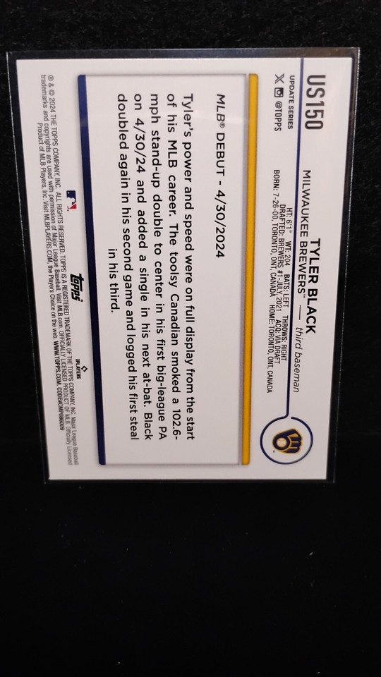 Tyler Black 2024 Topps Update Series Rookie RC #US150 Milwaukee Brewers ...