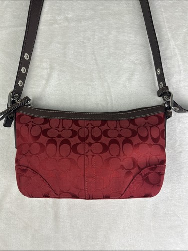 Coach Hampton Signature Red Monogram Purse Brown Leather Strap Baguette ...