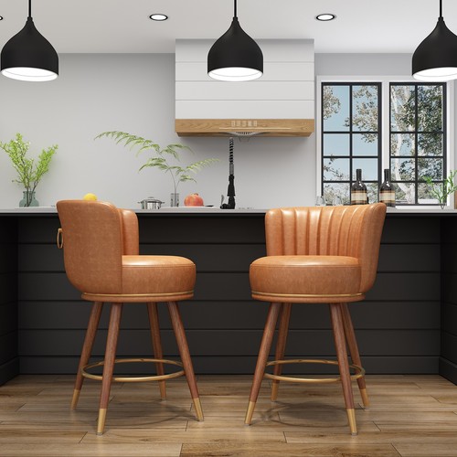Set of 2 Leather Swivel Bar Stools Wood Legs Counter Height Kitchen ...