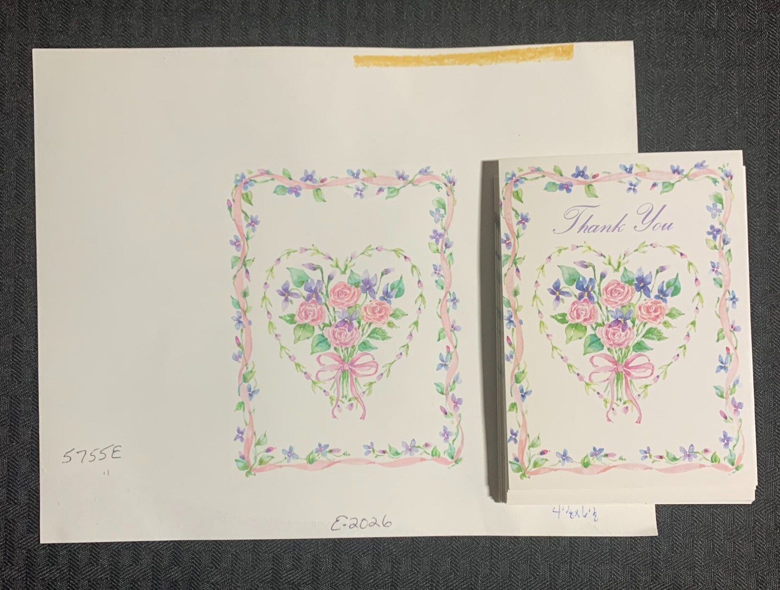 THANK YOU NOTE Pink Flowers & Heart 9.5x8" Greeting Card Art #2026 w ...