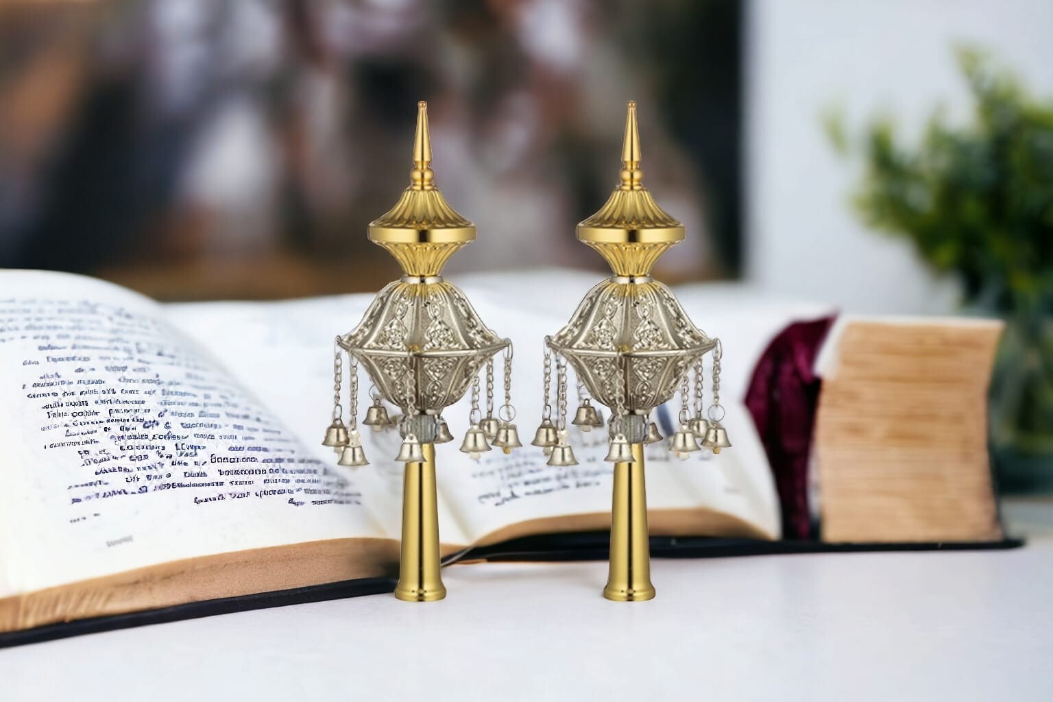 Judaica Pair Of Torah Finials Rimonim Hanging Bells Engraved Jewish ...
