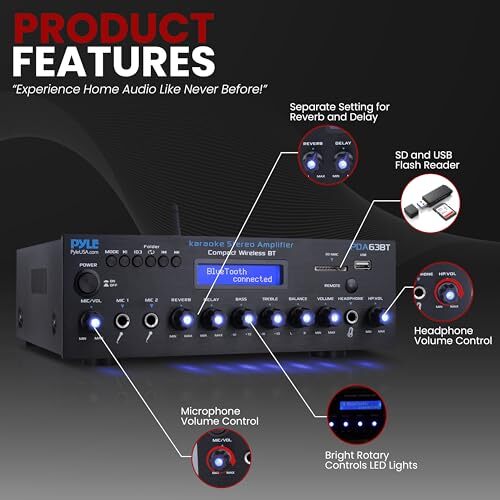 Pyle 200W Bluetooth Stereo Amplifier – Home Audio Receiver w/ multi ...