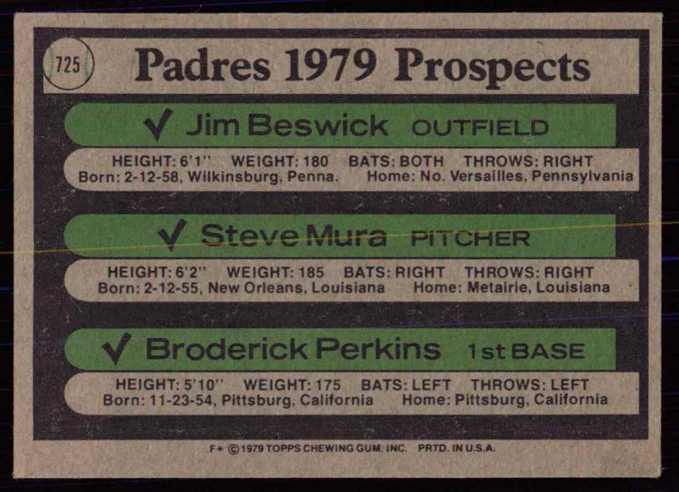 1979 Topps Padres Prospects - Jim Beswick/Steve Mura/Broderick Perkins ...
