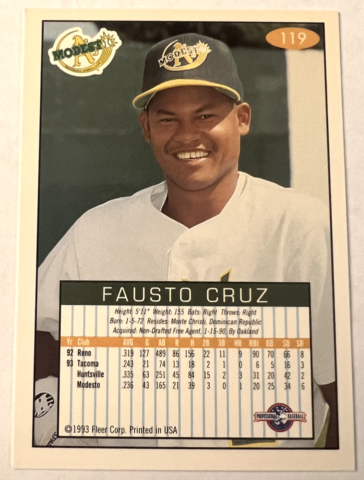 1993-94 Fleer Excel Baseball Card #119 Fausto Cruz Modesto A's SS/3B | eBay