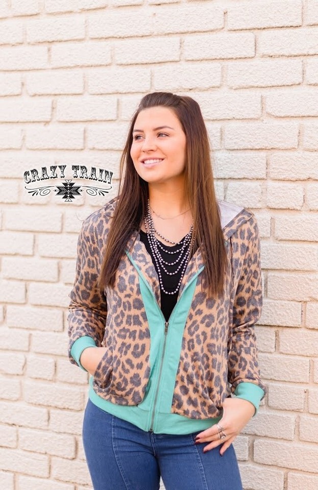 Crazy Train Leopard Cheetah Light Jacket Zip Up Hoodie Coat Turquoise ...
