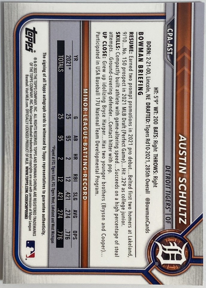 2022 Bowman Chrome Austin Schultz Prospect Gold Refractor Auto 10/50 ...