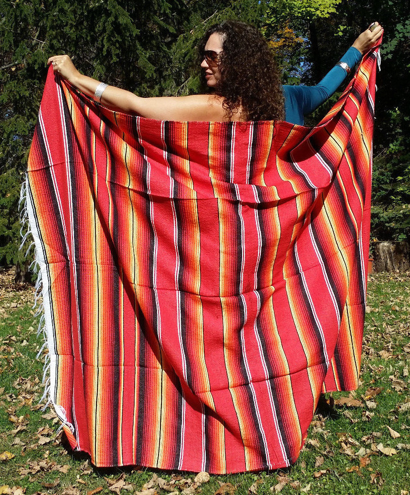 Mexican Serape Sarape Fringed Blanket Bedspread 84" x 60" Firey Fall ...