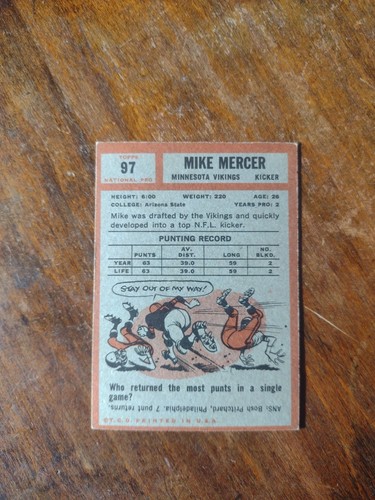 1962 Topps #97 SP Mike Mercer Minnesota Vikings No Creases | eBay
