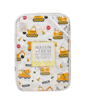 MASON & CREW TWIN 3 PC Soft Cotton Sateen Sheet Set Bulldozer Crane ...