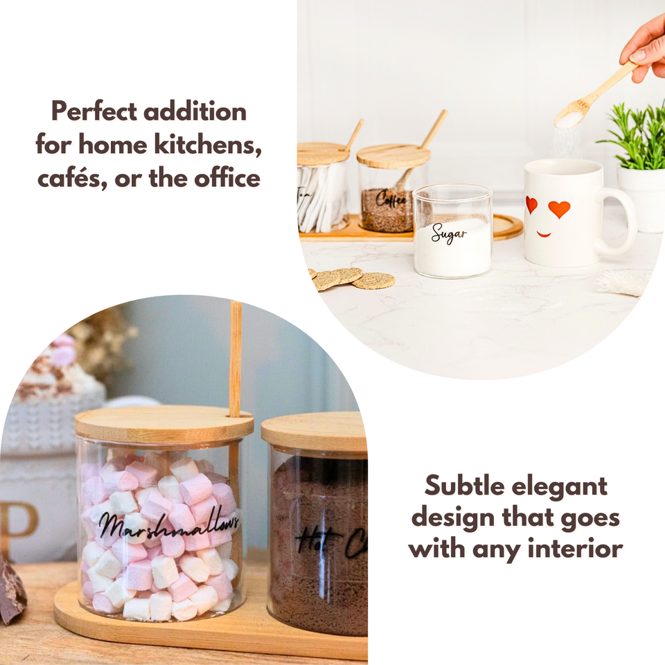 Hot Drinks Station Set 3pc Glass Jars Storage Wooden Lids Chocolate Tea ...