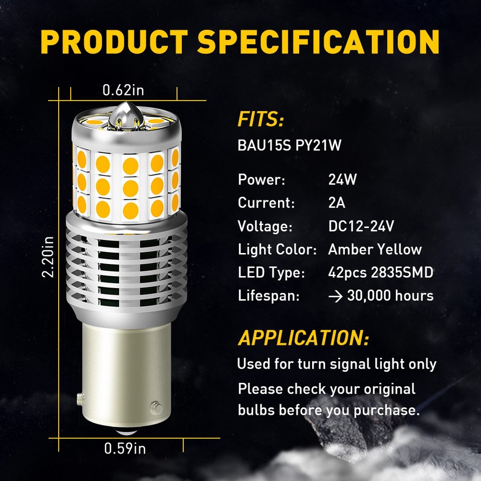 BAU15S PY21W LED 581 2PCS Car Indicator Amber Canbus Light Bulbs Signal ...