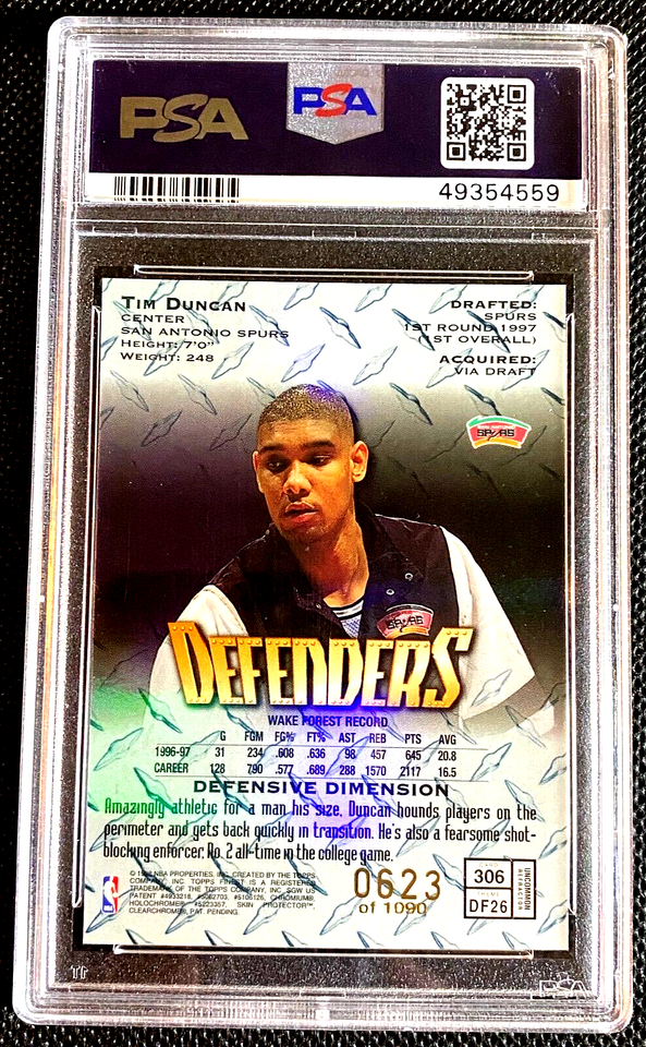 PSA 9 MINT 1997 TOPPS FINEST REFRACTOR TIM DUNCAN SP #D /1090 ROOKIE RC ...