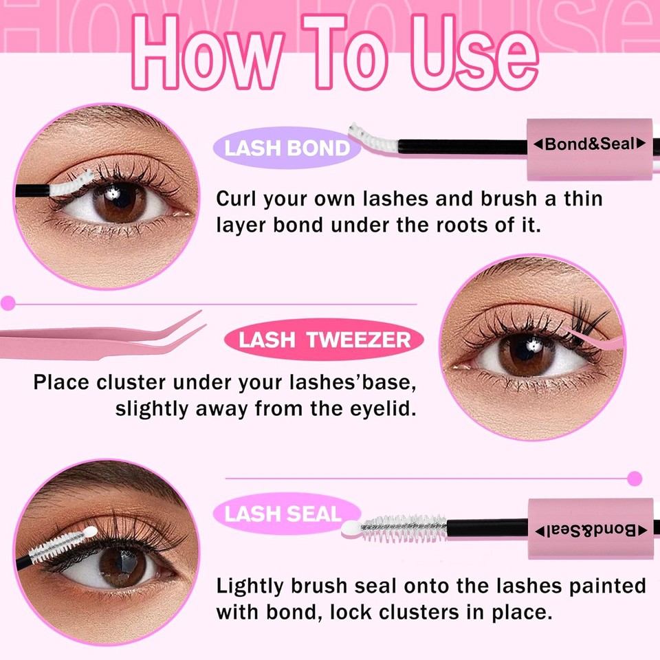 Individual Eyelash Extension Cluster Lash Kit Bond & Seal Glue D Curl ...