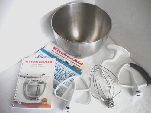 KitchenAid K45 Bowl Whisk Flex Edge & Plain Paddles Dough Hook Instruct ...