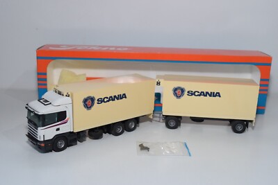 B1 1:50 TEKNO SCANIA 144L 144 L TRUCK + TRAILER WHITE CREAM PROMO WERBE ...