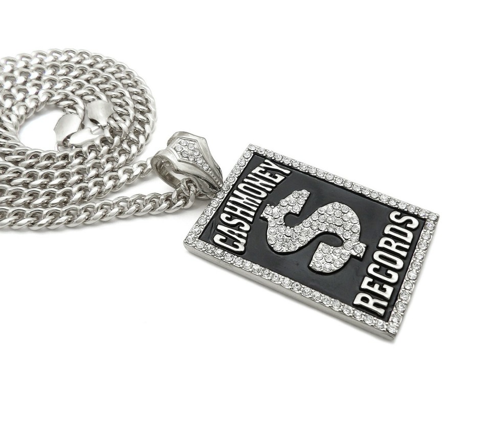 Hip Hop Iced Silver PT CASHMONEY RECORD Pendant & 6mm 24" CUBAN CHAIN ...