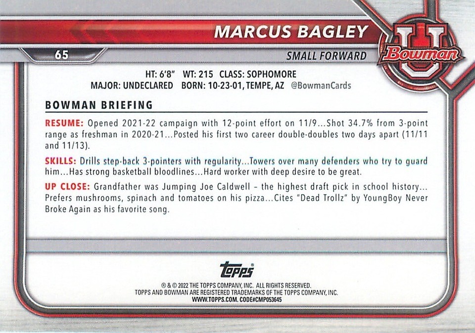 Marcus Bagley 2021-22 Bowman University Basketball Prospect Card #65 ...