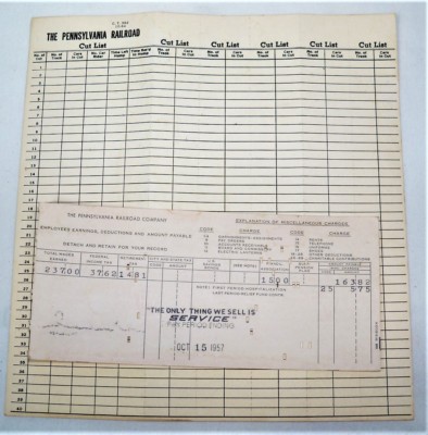 Pennsylvania Railroad Paperwork - 1957 Pay Stub & 1964 Cut List Train ...