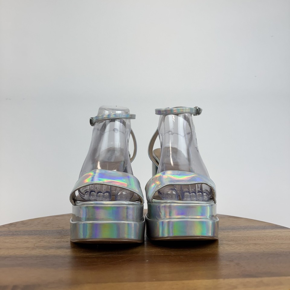 Womens Steve Madden Warped Silver Ankle Strap Platform Heeled Sandals ...