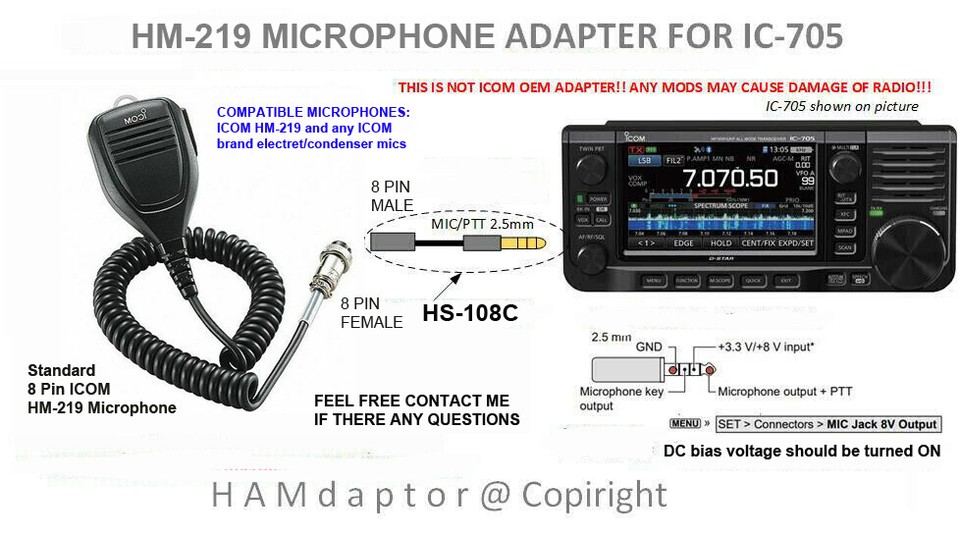 8-Pin Round ICOM HM-219 Microphone Adapter HS-108C for ICOM IC-705 | eBay