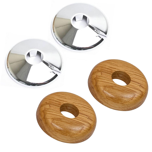 2x Radiator Pipe Collars Real Wood Chrome Covers 15mm Hole Household ...