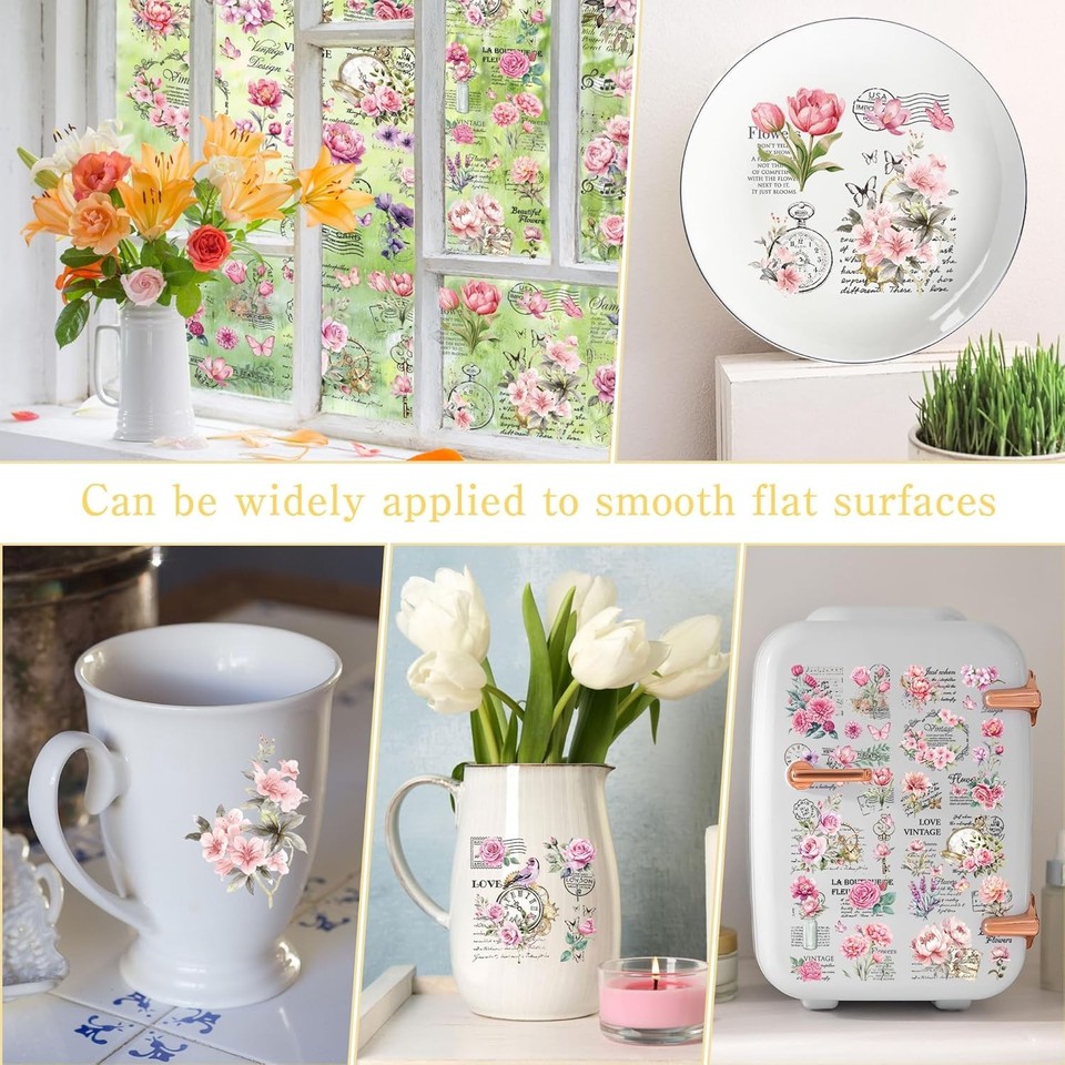 Vintage Floral Rub on Transfers for Crafts: 12 Pcs Pink Flower Rub on ...