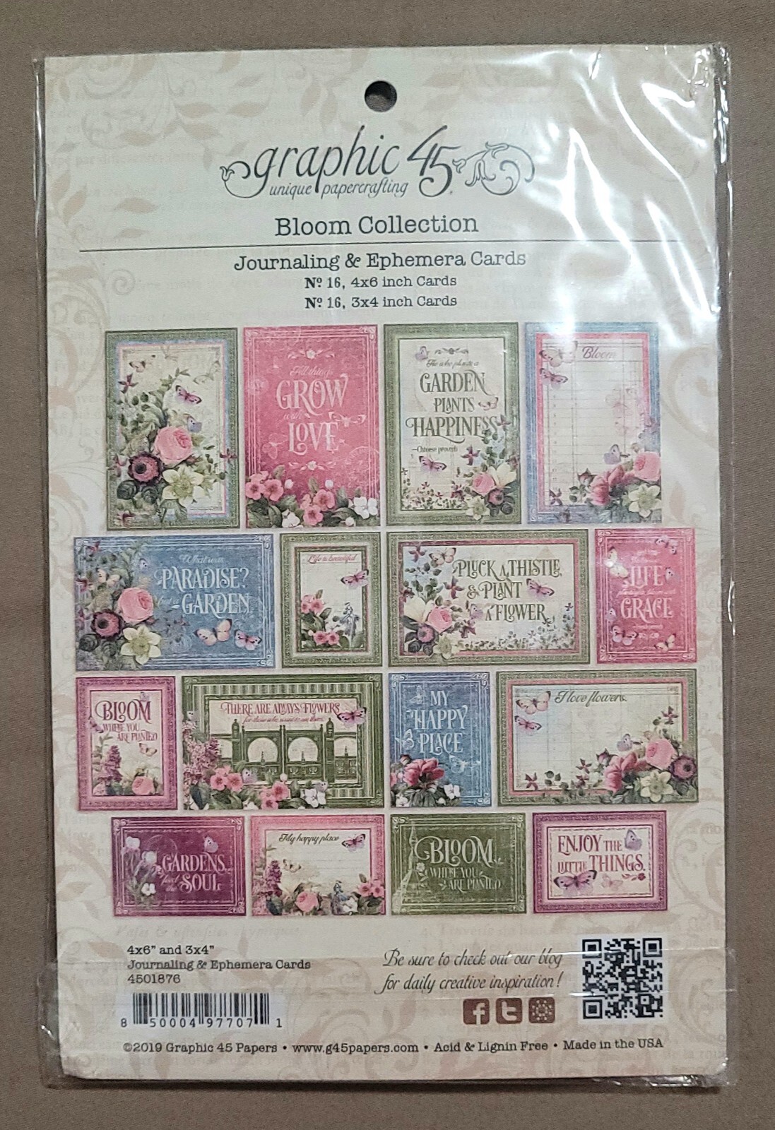 Graphic 45 Bloom 12x12 Paper Pad & Ephemera Journaling Note Cards Lot ...