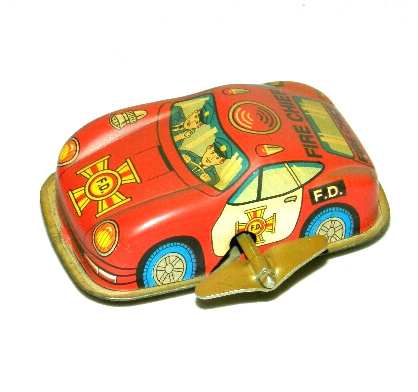 VINTAGE COLLECTIBLE TIN RUSS BERRIE WIND UP F.D. FIRE CHIEF TOY CAR ...